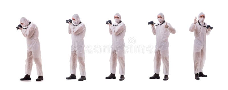 The Forensic Specialist in Protective Suit Taking Photos on White Stock ...