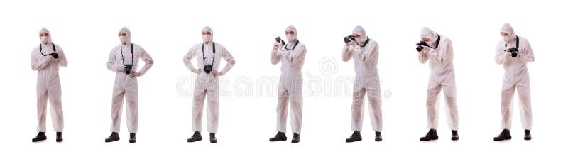 The Forensic Specialist in Protective Suit Taking Photos on White Stock ...