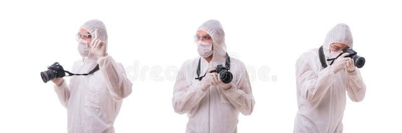 The Forensic Specialist in Protective Suit Taking Photos on White Stock ...