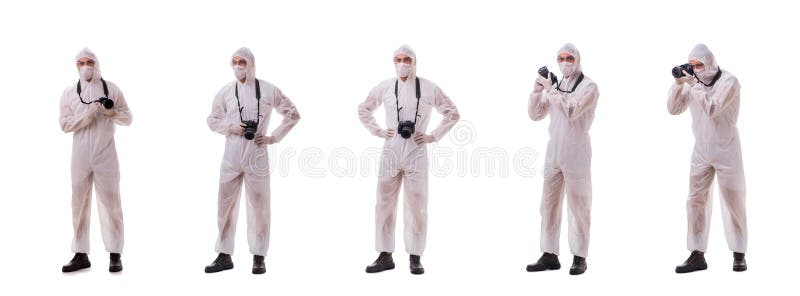 The Forensic Specialist in Protective Suit Taking Photos on White Stock ...
