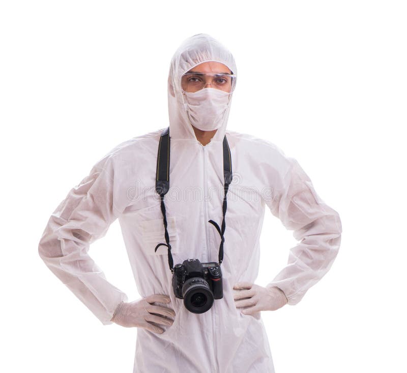 Forensic Specialist in Protective Suit Taking Photos on White Stock ...