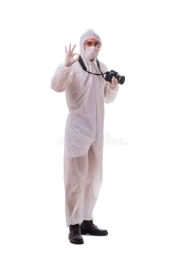 The Forensic Specialist in Protective Suit Taking Photos on White Stock ...