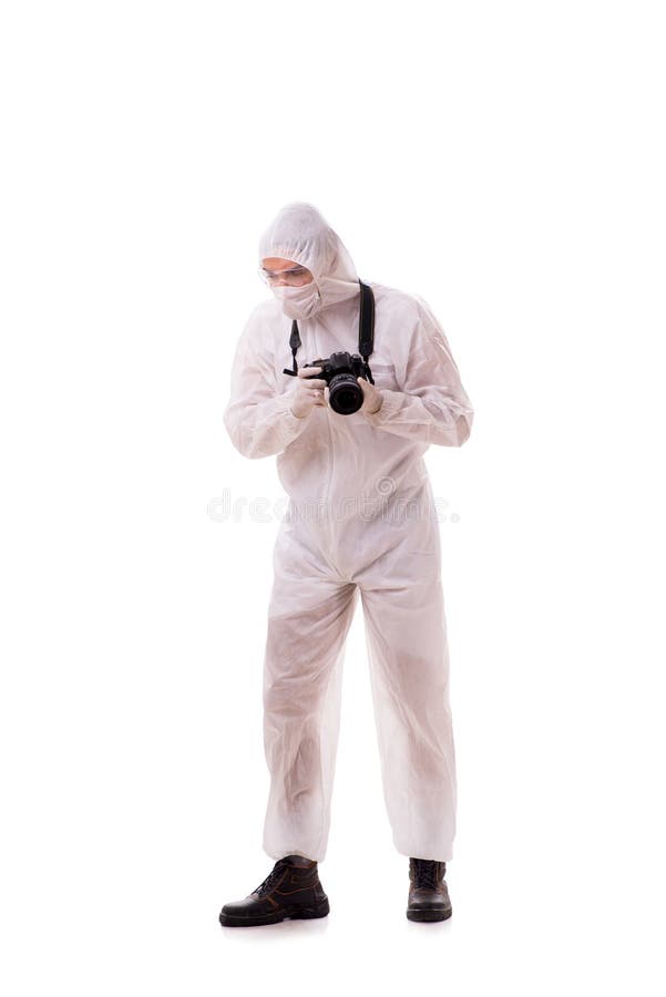 The Forensic Specialist in Protective Suit Taking Photos on White Stock ...