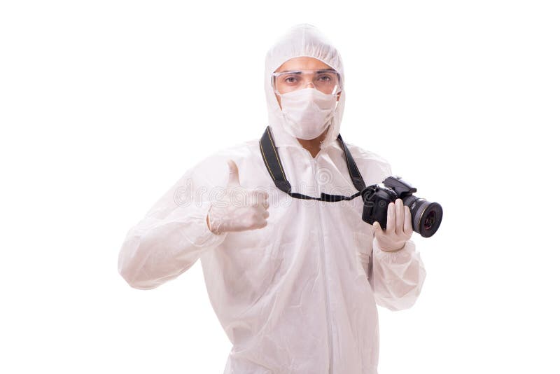 The Forensic Specialist in Protective Suit Taking Photos on White Stock ...