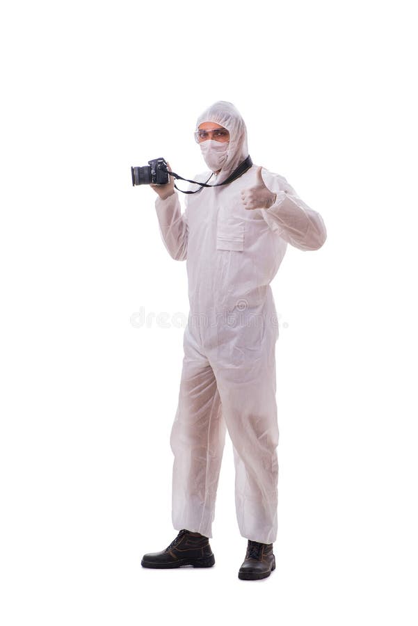 The Forensic Specialist in Protective Suit Taking Photos on White Stock ...