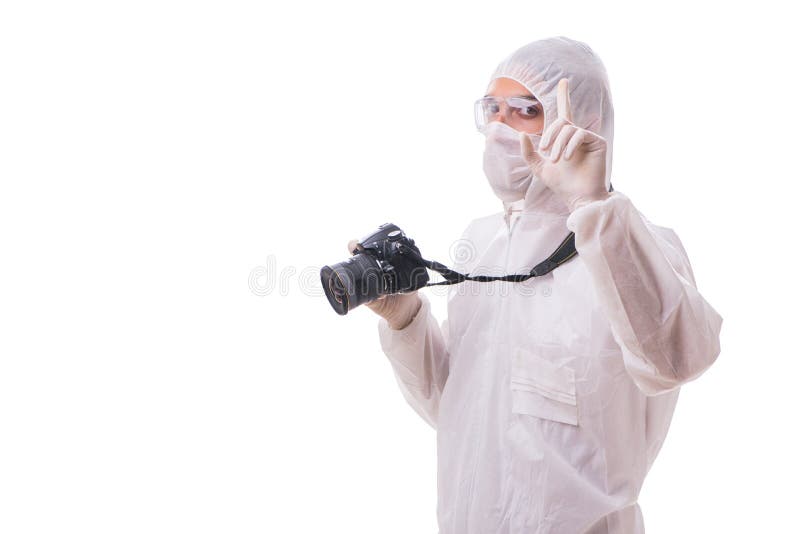 The Forensic Specialist in Protective Suit Taking Photos on White Stock ...