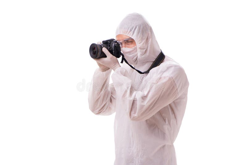 The Forensic Specialist in Protective Suit Taking Photos on White Stock ...