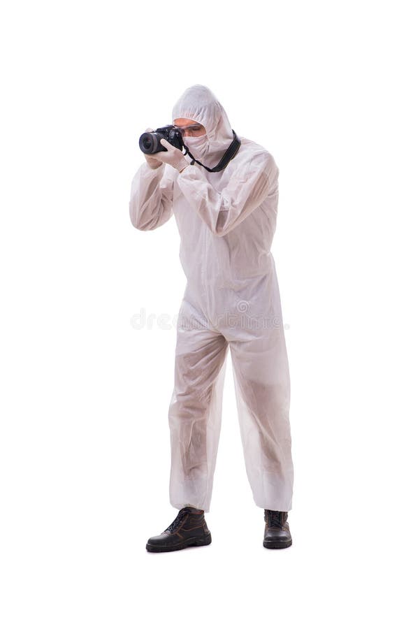 The Forensic Specialist in Protective Suit Taking Photos on White Stock ...