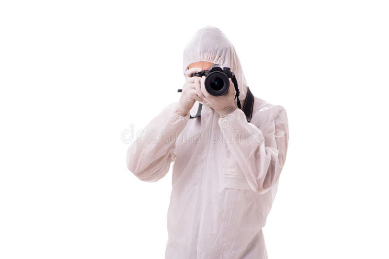 The Forensic Specialist in Protective Suit Taking Photos on White Stock ...