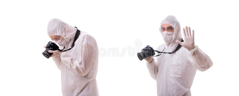 The Forensic Specialist in Protective Suit Taking Photos on White Stock ...
