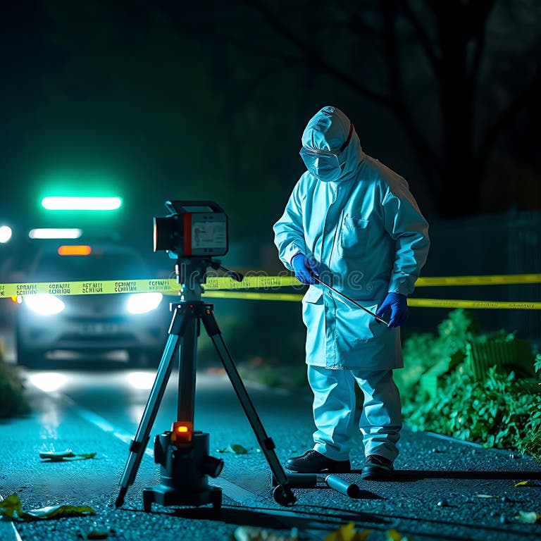 A Forensic Team Working with a Laser Scanner To Map a Crime Scene with ...