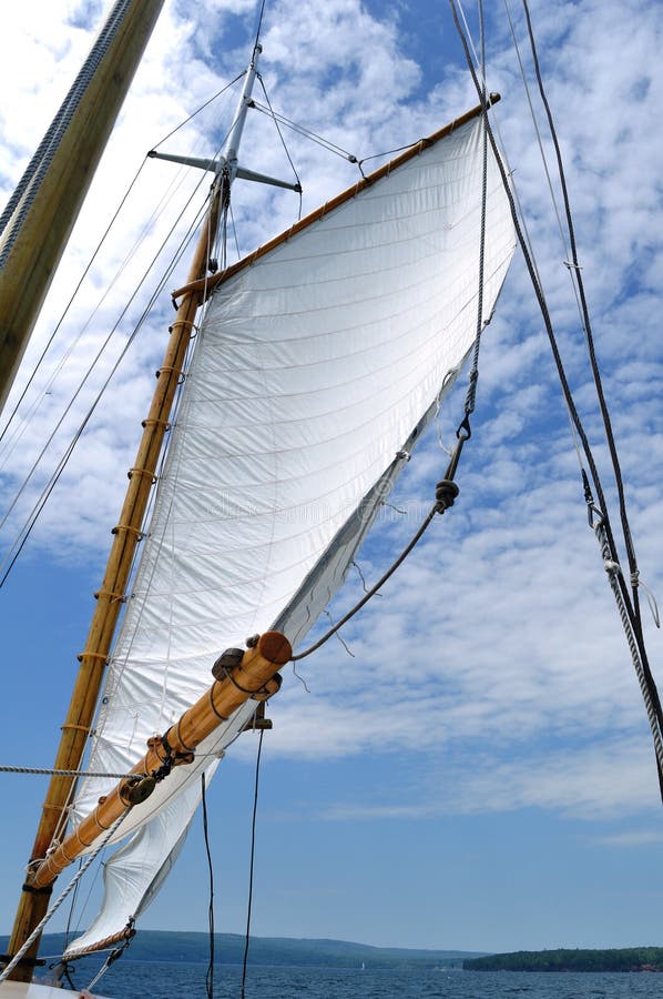 Jib, Foresail and Wooden Mast of Schooner Sailboat Stock Image - Image ...