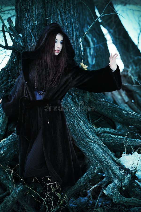 Witch Black Widow Queen Hugs Her Black Horse in a Horror Dark Forest ...