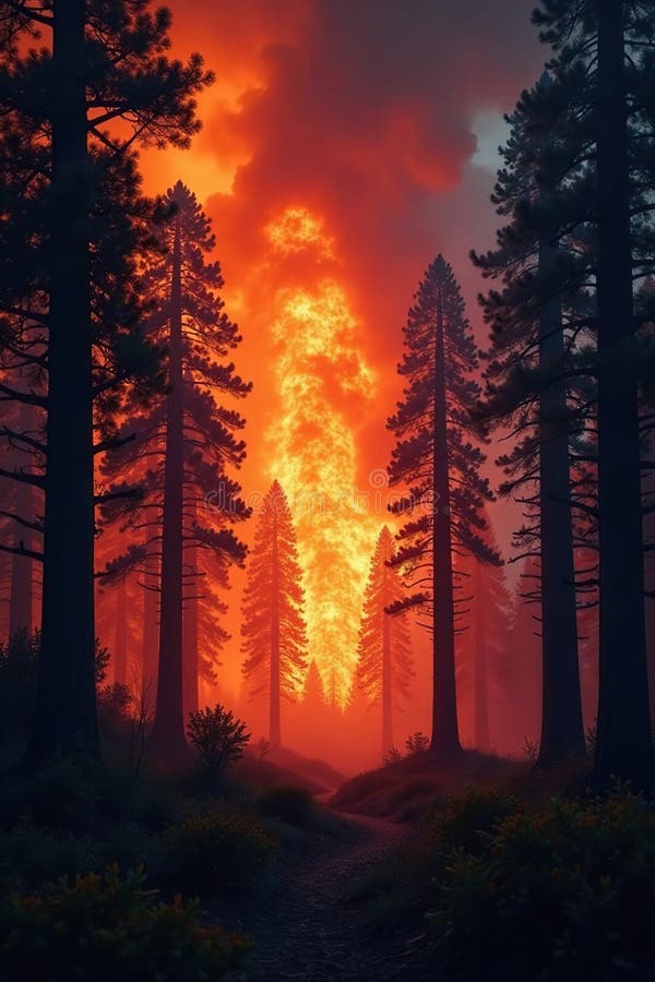 A Forest Ablaze with Towering Flames and Smoke Forest Fire Flames Stock ...