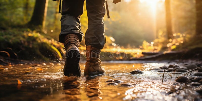 Forest Adventure: Hiker at Dawn by a Stream. Generative Ai Stock ...