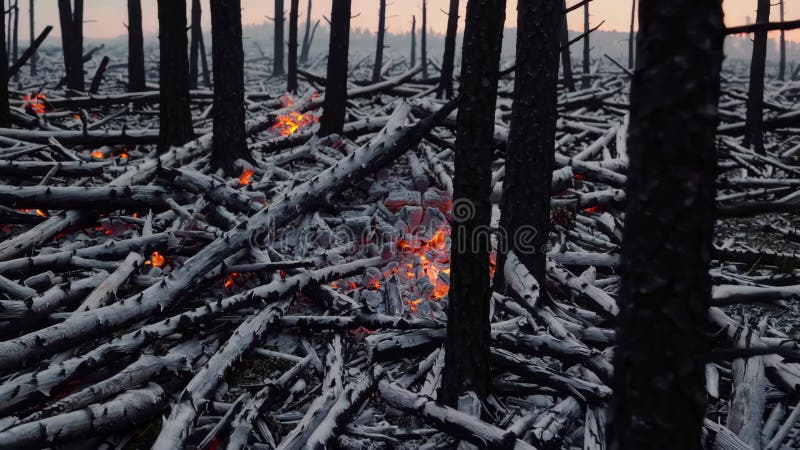 Forest Aftermath with Smoldering Embers and Charred Trees ...
