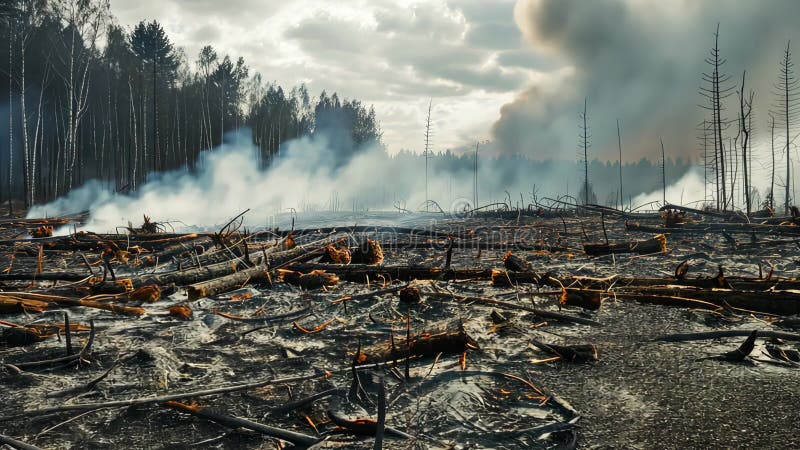 Forest Aftermath after Wildfire in Smoky Landscape. Environmental ...
