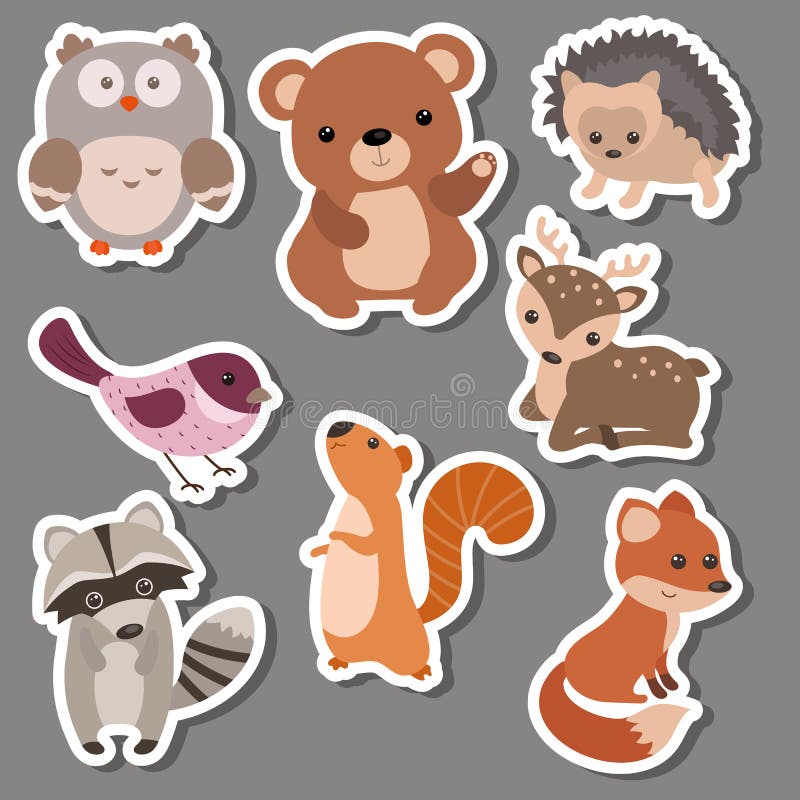 Forest animal stickers. stock vector. Illustration of cute - 97461912
