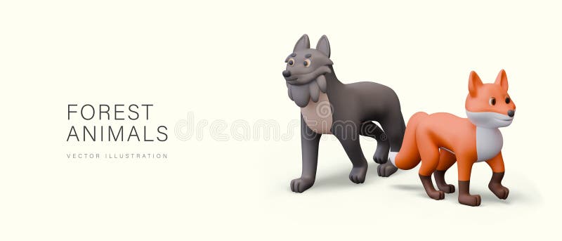Forest Animals Concept in Cute 3D Style. Vector Wolf and Fox Stock ...