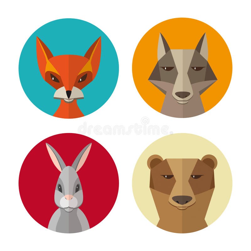 Forest Animals Rabbit, Fox, Wolf, Bear Flat Design Vector Icon Stock ...