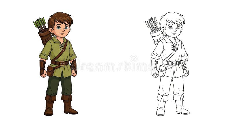 Forest Archer Boy Coloring Page with Vibrant Colored and Simple Outline ...