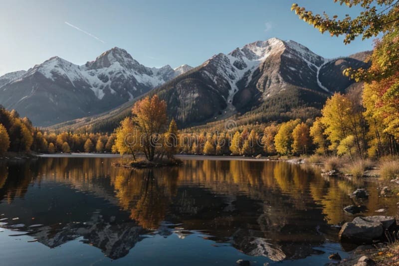 Forest in Autumn with Tall Trees, Distant Mountains and Lake with Clear ...