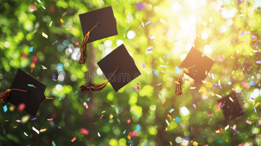 A Forest Backdrop Featuring Graduation Caps and Confetti in Celebration ...