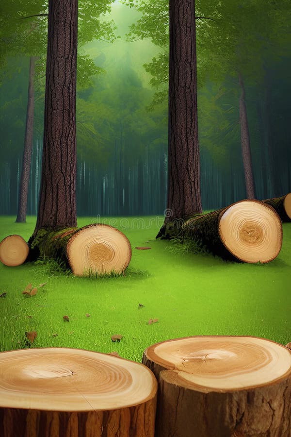 Forest Background with Tree Trunks and Green Grass Stock Illustration ...