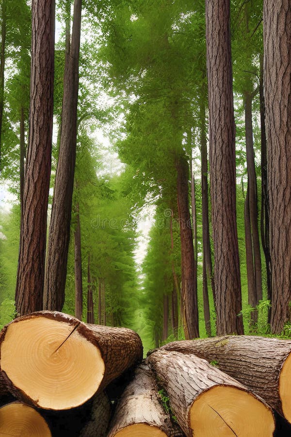 Forest Background with Tree Trunks and Green Grass Stock Illustration ...