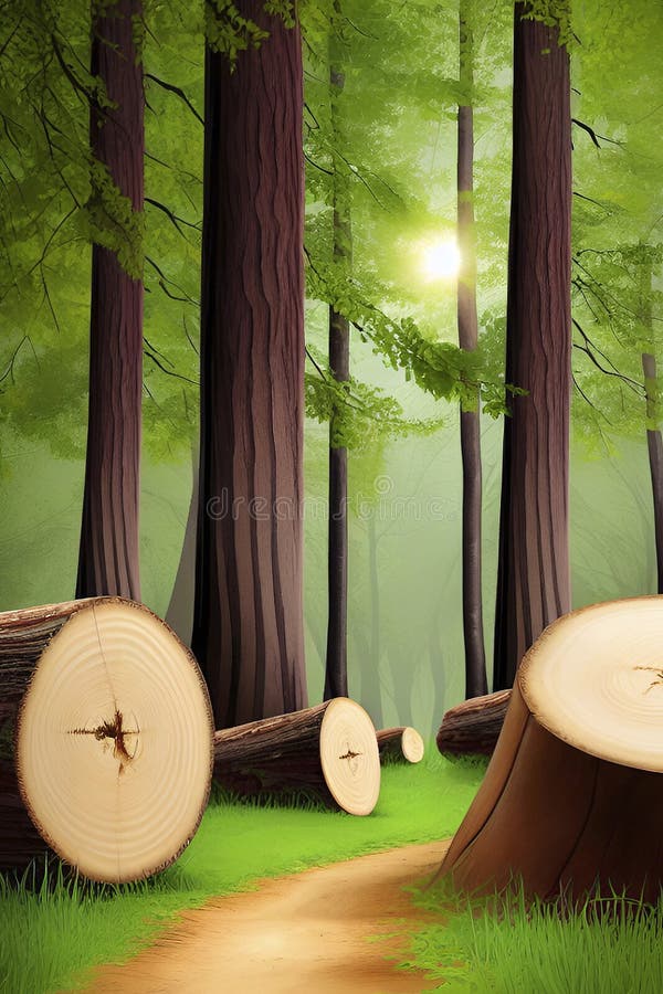 Forest Background with Tree Trunks and Green Grass Stock Illustration ...
