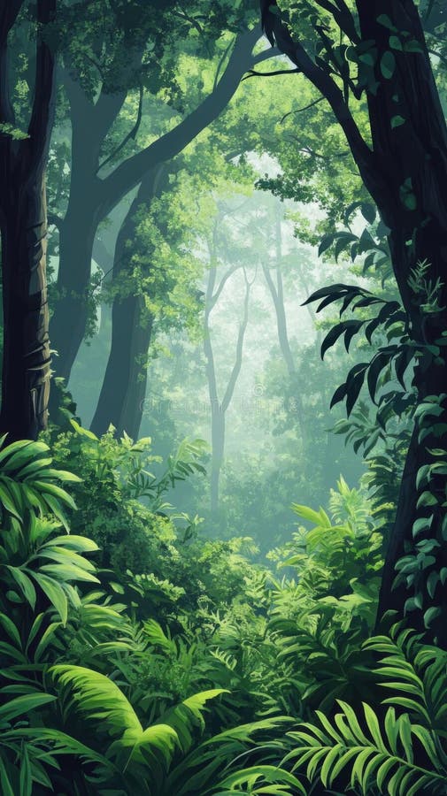 Forest Background with Trees and Ferns, 3d Render Stock Illustration ...