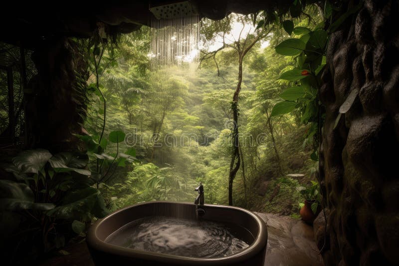 Forest Bath with View of Towering Waterfall, Surrounded by Greenery ...