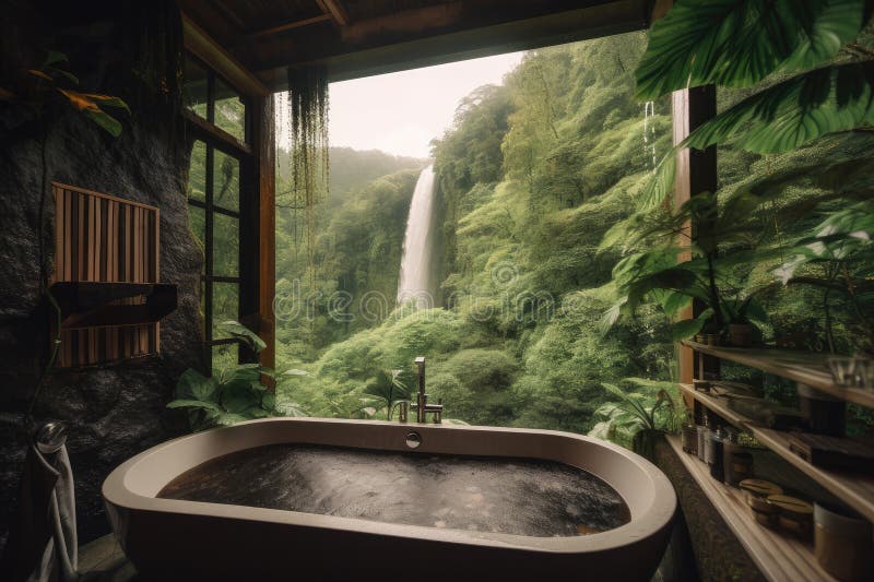 Forest Bath with View of Towering Waterfall, Surrounded by Greenery ...