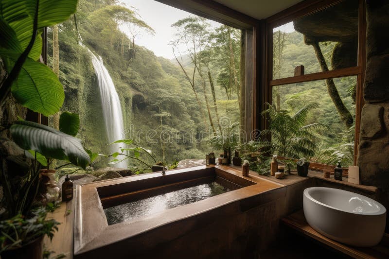 Forest Bath with View of Towering Waterfall, Surrounded by Greenery ...