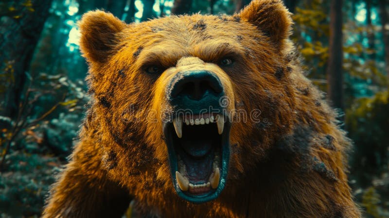 In the Forest, a Bear Furious with Rage, is Running, Made from an Image ...