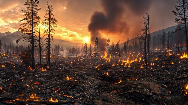 Wildfire Engulfing Forest at Sunset, Smoke Billowing As Flames Consume ...