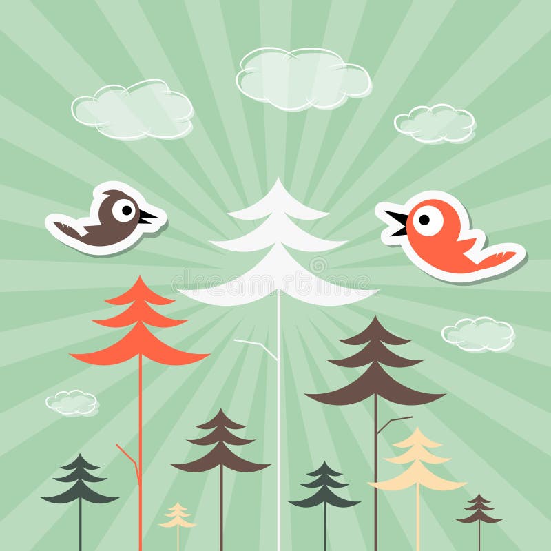 Forest and Birds Vector Illustration Stock Vector - Illustration of ...