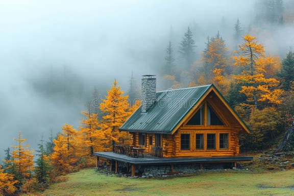 Forest-bound, a Cedar a-frame Chalet is Enveloped by Fog during the ...