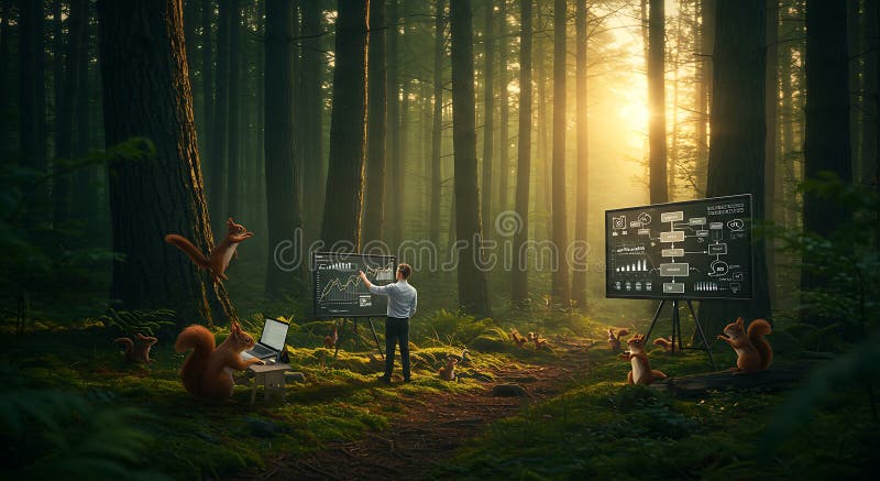 Forest Business Meeting with Charts and Squirrels in a Sunlit ...