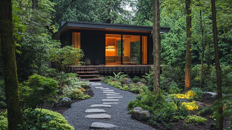 Forest Cabin with a Stone Path and Surrounding Greenery. Stock Photo ...