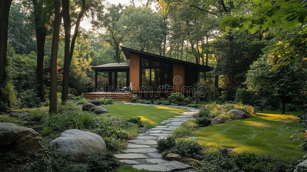 Forest Cabin with a Stone Path and Surrounding Greenery. Stock Image ...