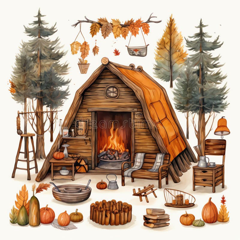 Forest Camp Autumn Fall Watercolor Illustration Stock Illustration ...