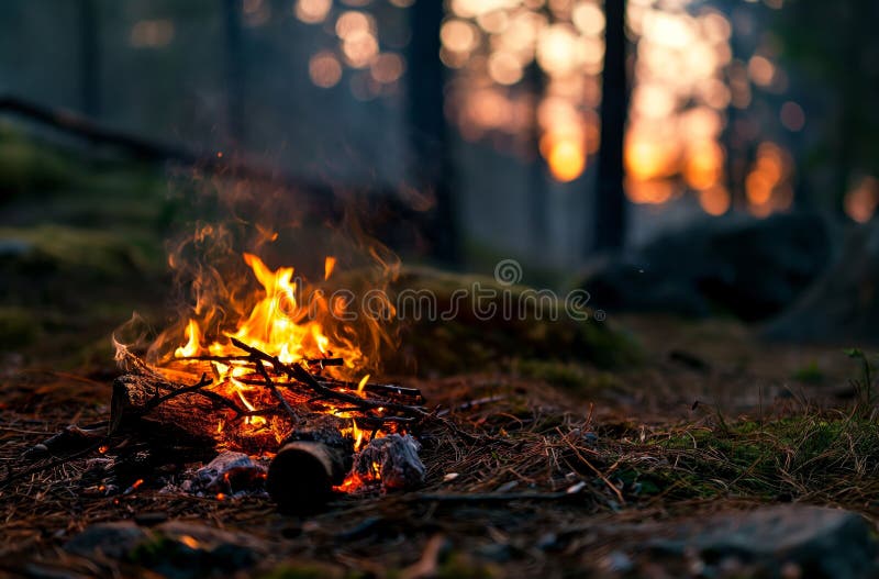 Forest campfire at sunset stock photo. Image of evening - 305338992