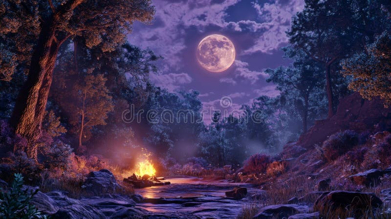 Forest Campfire Under Moonlight with Cloudy Sky at Night Stock Photo ...