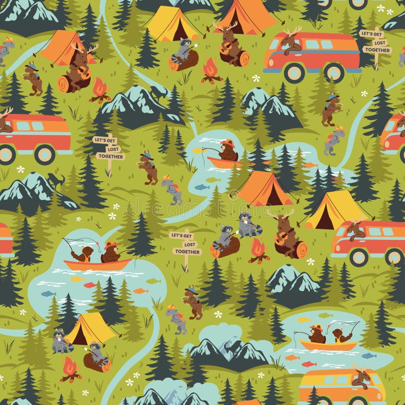 Forest Camping Adventure Seamless Repeat Pattern Stock Illustration ...