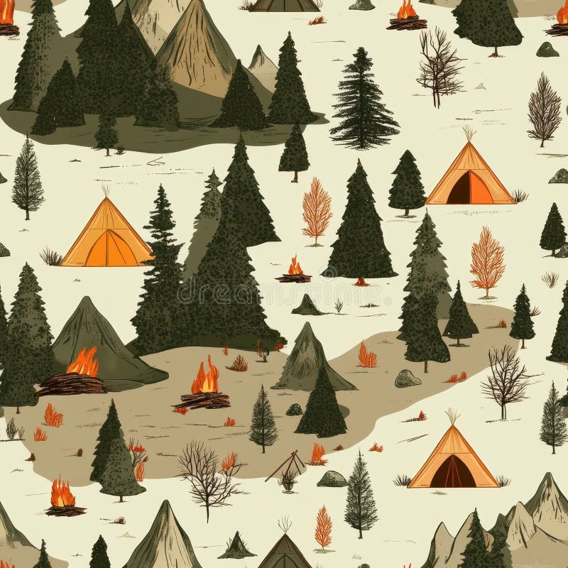 Forest Camping Seamless Pattern with Tents and Mountains Stock Photo ...