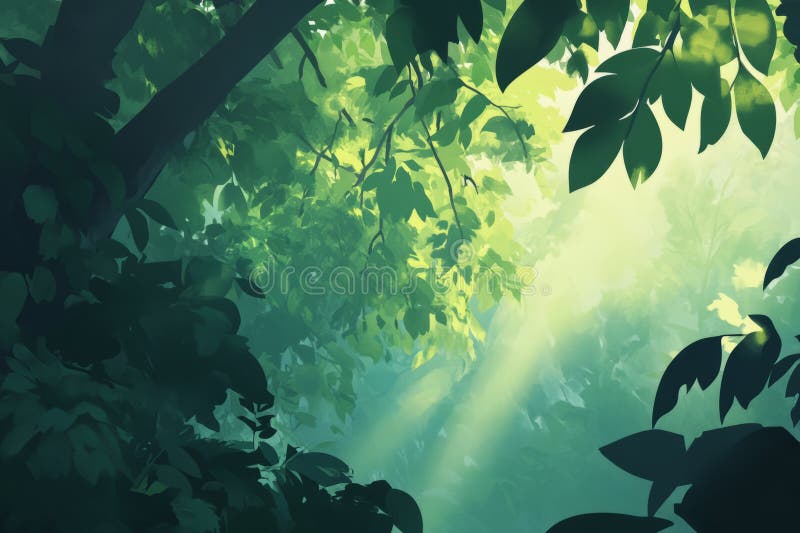A Forest Canopy Background with Layered Green Leaves, Dappled Sunlight ...