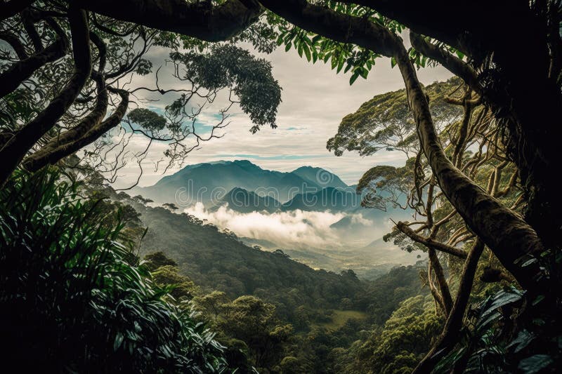 Forest Canopy, with View of Misty Mountain Range in the Distance Stock ...