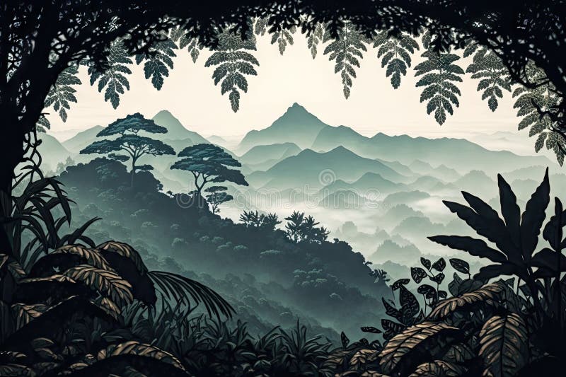 Forest Canopy, with View of Misty Mountain Range in the Distance Stock ...