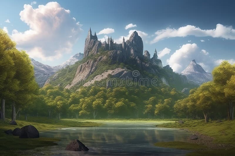 The Forest and Castle. Mountain and River Stock Illustration ...